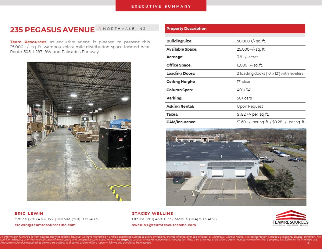 FOR LEASE - 25,000 +/- SQ. FT. AT 235 PEGASUS AVENUE IN NORTHVALE, NJ! | Team Resources